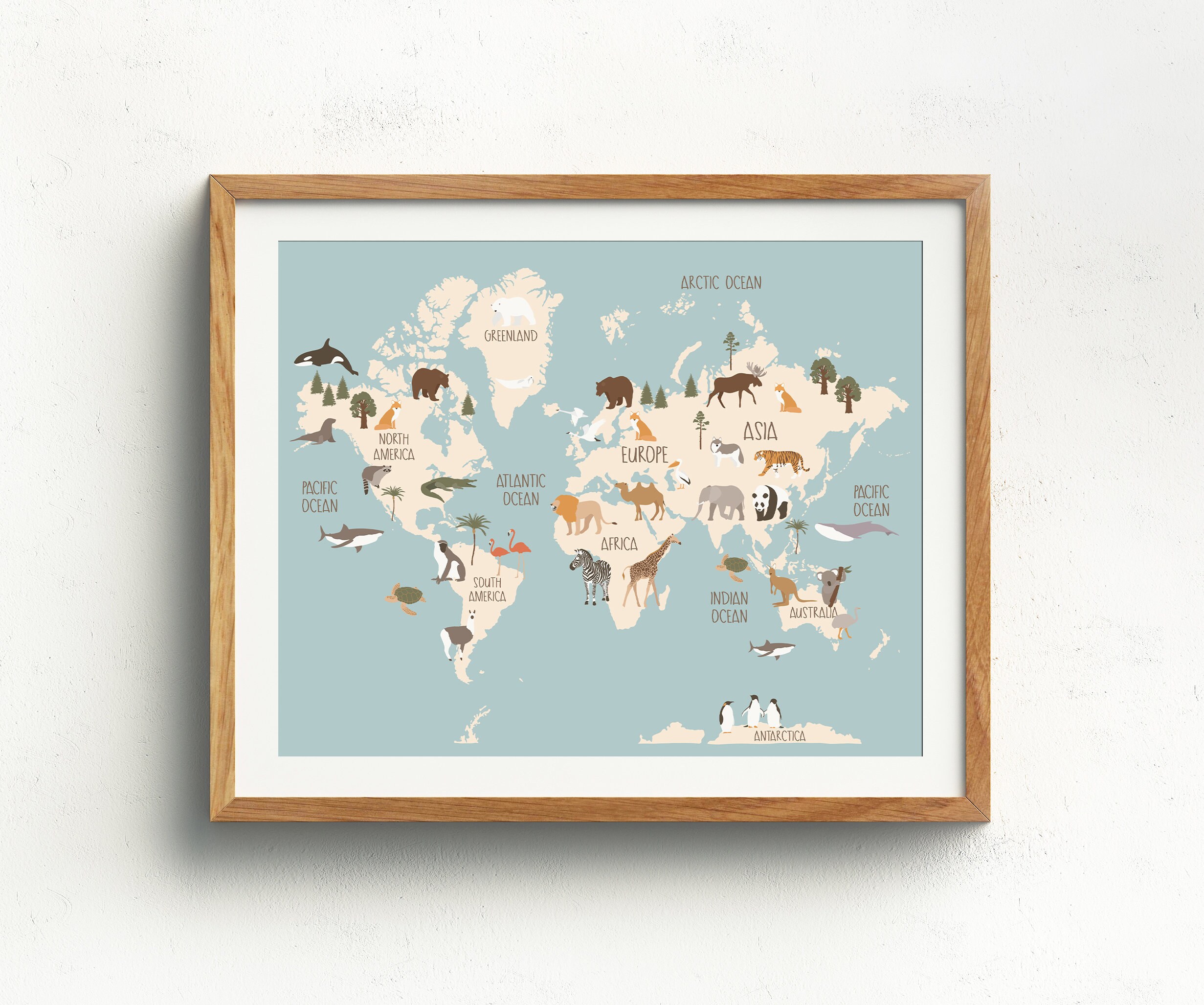 Animal World Map Safari Map Continents Kids Wall Art - Etsy