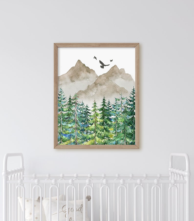 Set of 3 Woodland Nursery Prints, Mountains, Evergreen Trees, Boy Wall ...