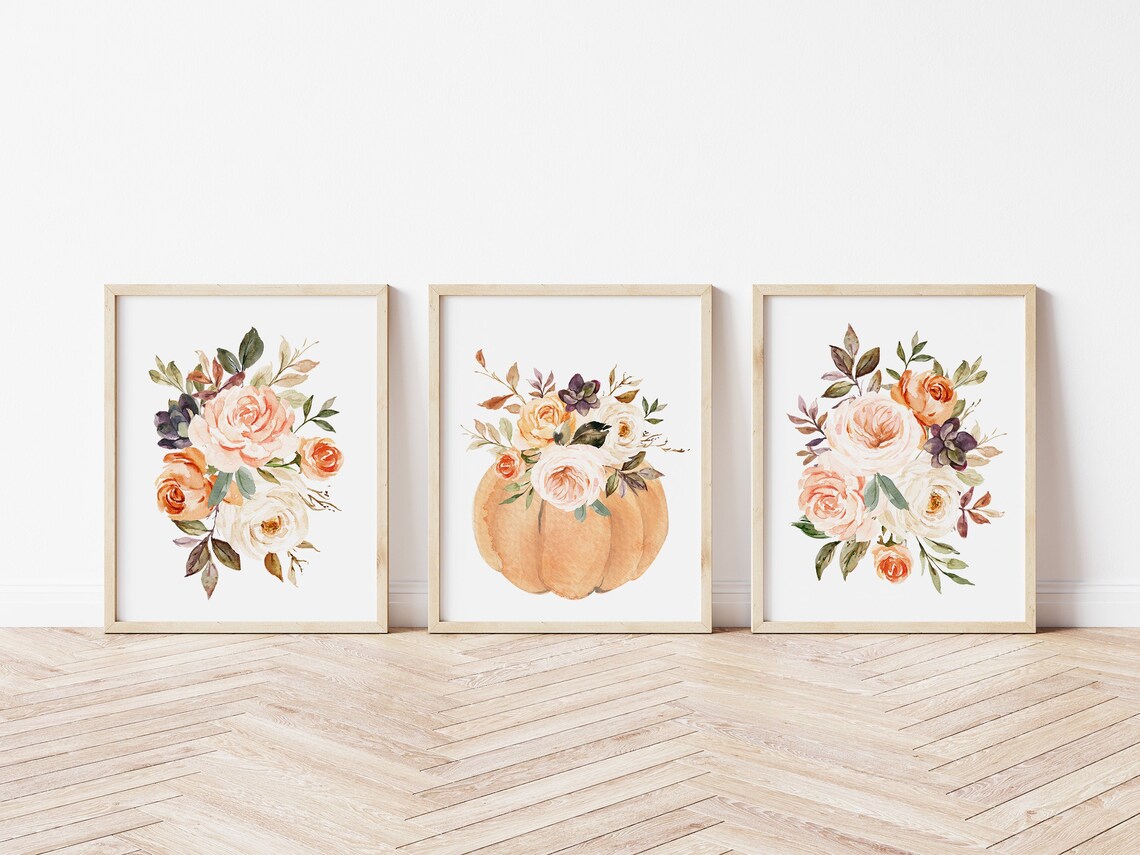 Set of 3 Floral Autumn Bouquets, Floral Pumpkin Prints, Fall Decor ...