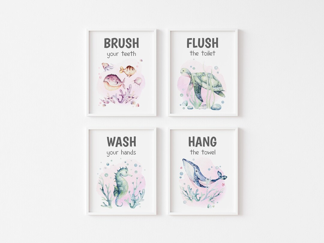 4 Kids Ocean Bathroom Prints, Brush Flush Wash Hang, Sea Creatures, Sea ...