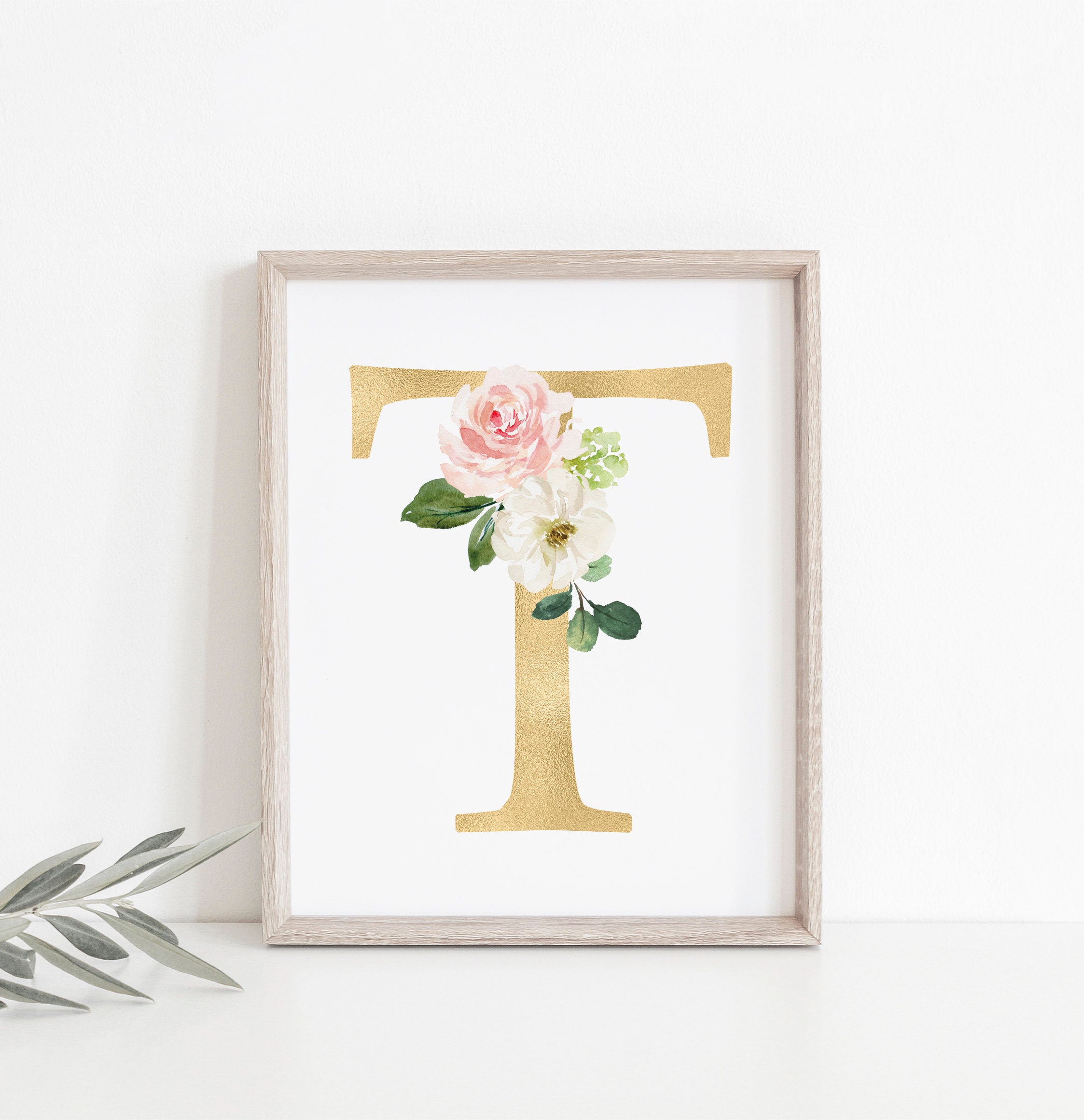 Baby Girl Nursery Prints Letter T Gold Monogram Watercolor | Etsy