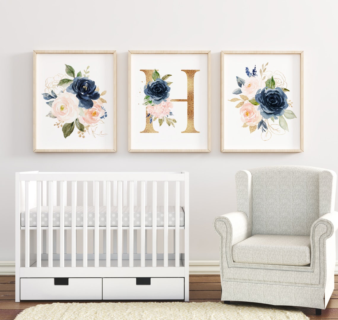 Monogram Letter Blush Pink Navy Floral Prints Girl Nursery - Etsy