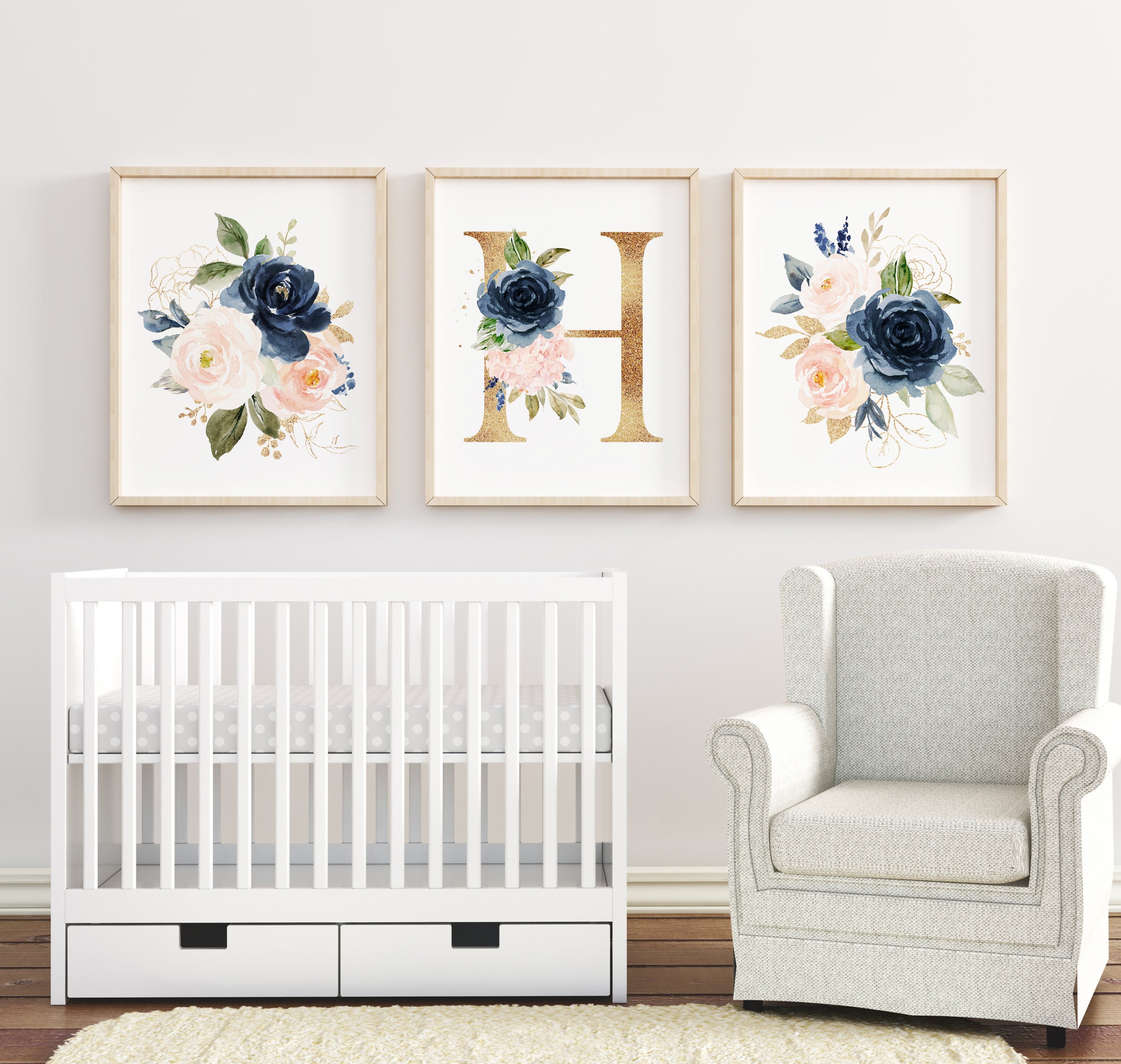 Monogram Letter, Blush Pink Navy Floral Prints, Girl Nursery Art Prints ...