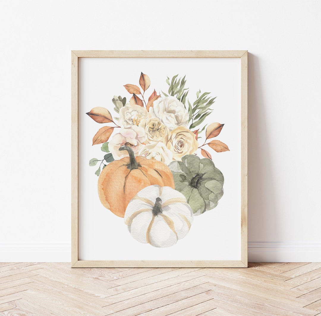 Watercolor Floral Pumpkin Prints, Fall Harvest Pumpkin Print, Fall ...