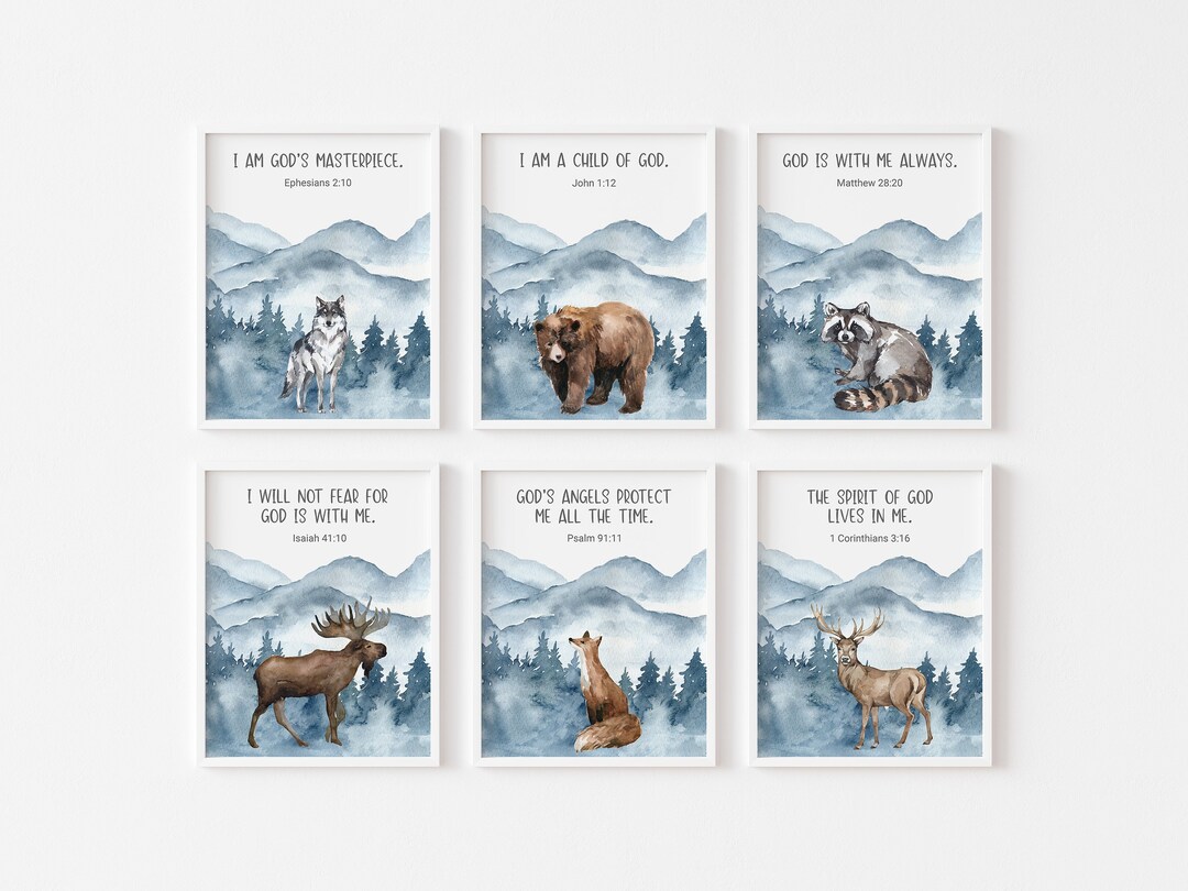 Set of 6 Kid's Bible Verse Prints, Woodland Animal Prints, Christian ...