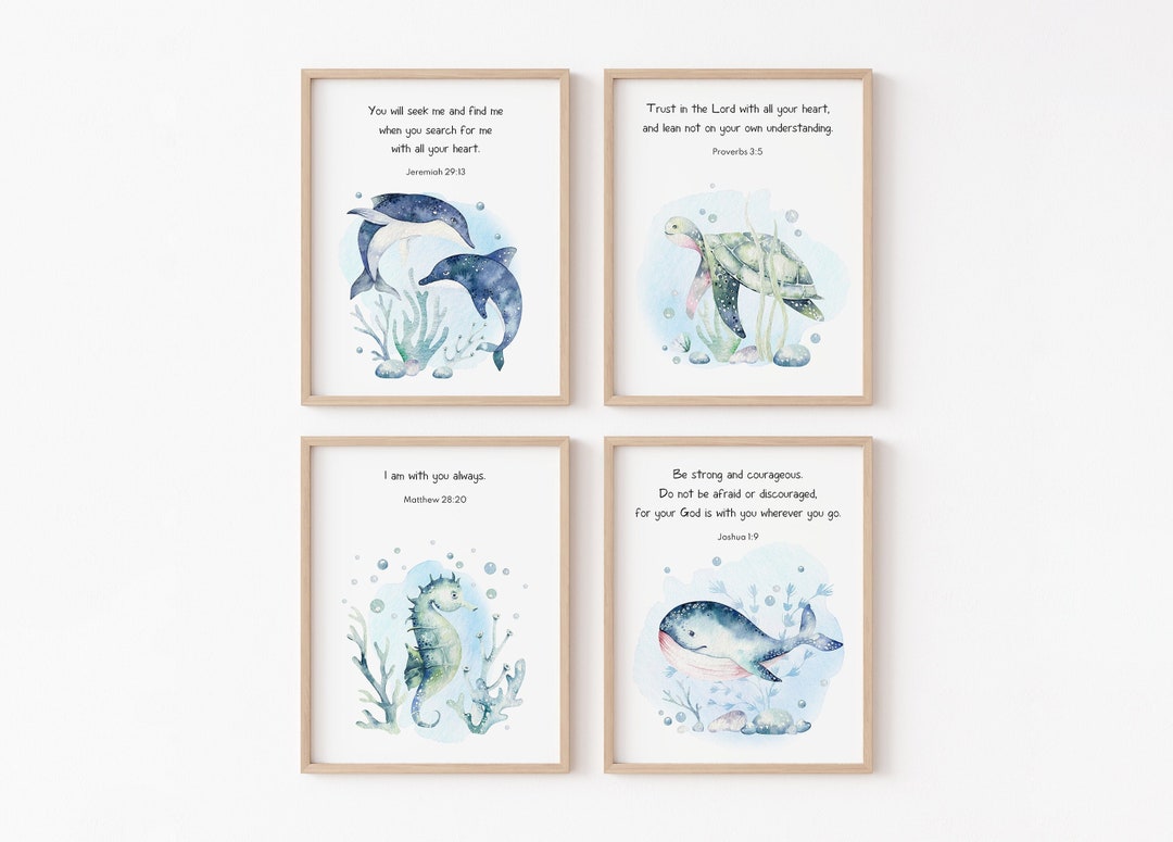 Set of 4 Kid's Bible Verse Prints, Under the Sea Prints, Christian Wall ...