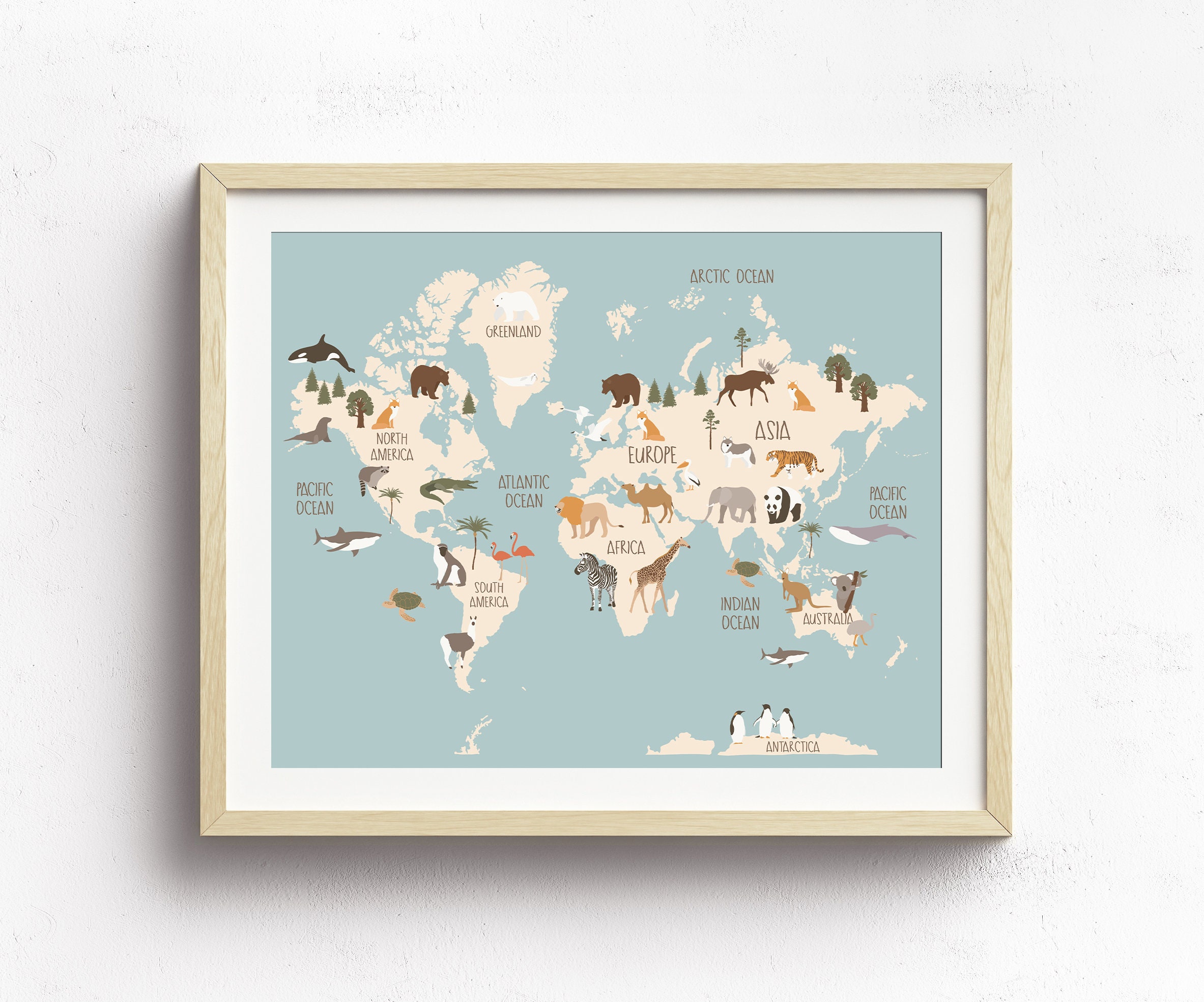 Animal World Map Safari Map Continents Kids Wall Art | Etsy