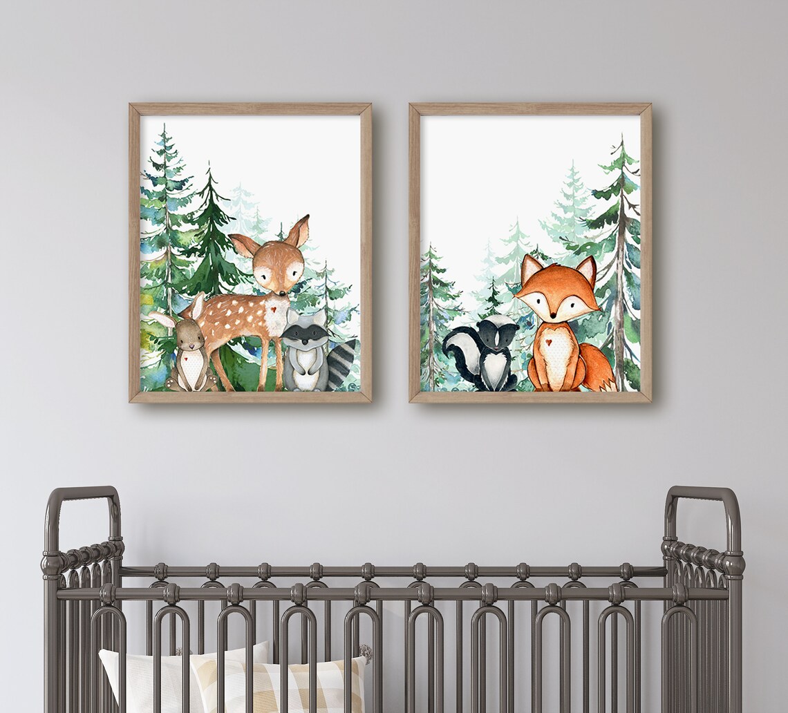 Woodland Animals, Pine Trees Nursery Print, Evergreens, Baby Boy ...