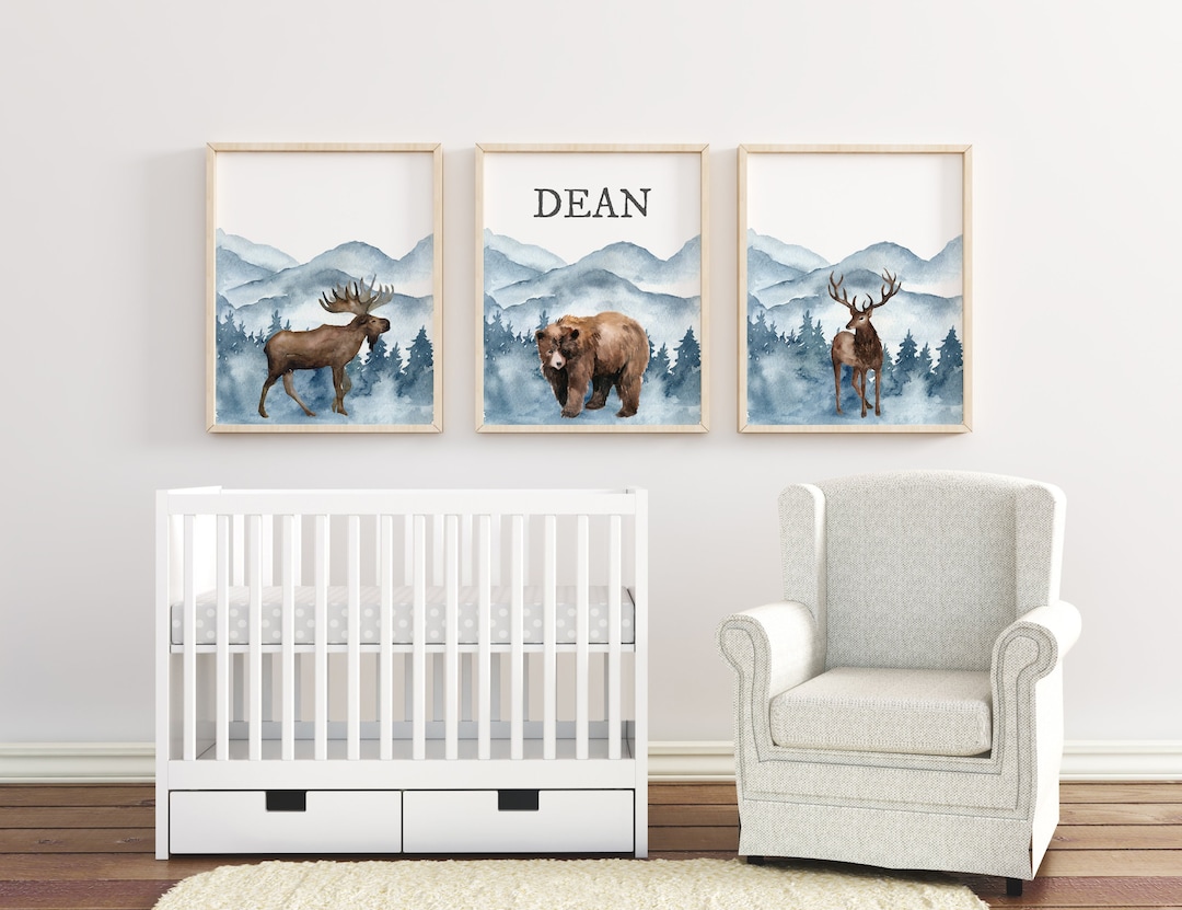 Personalized Nursery Print, Custom Name Print, Wildlife, Blue Mountains ...