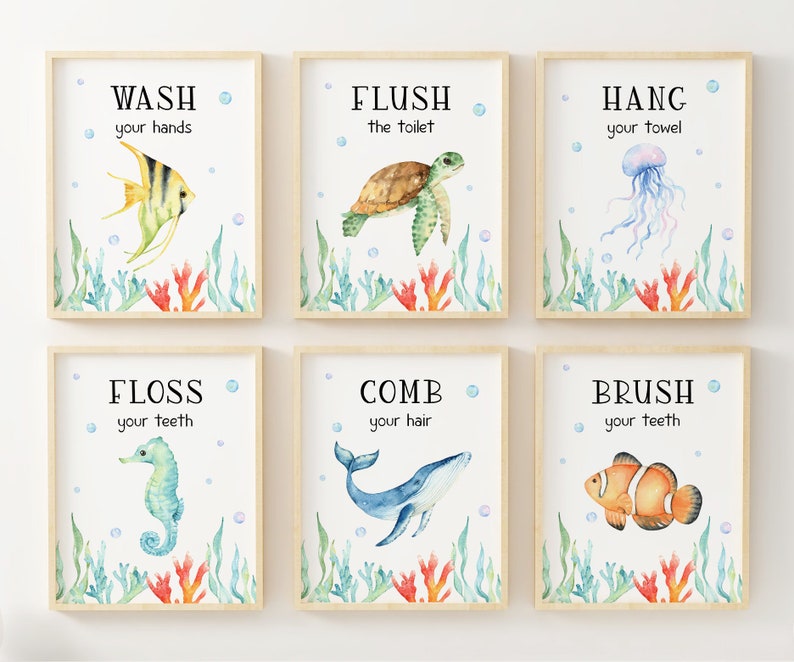 6 Kids Ocean Bathroom Prints, Brush Flush Wash Hang, Sea Creatures, Sea ...