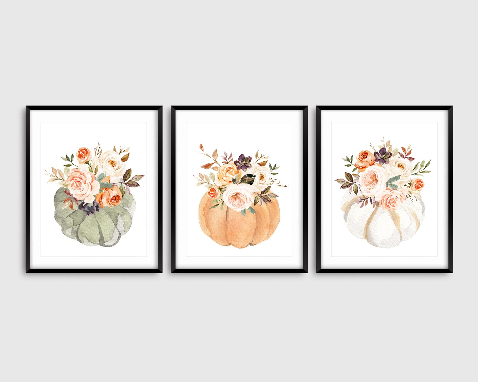 Set of 3 Floral Pumpkin Prints, Floral Autumn Bouquet, Fall Decor, Fall ...