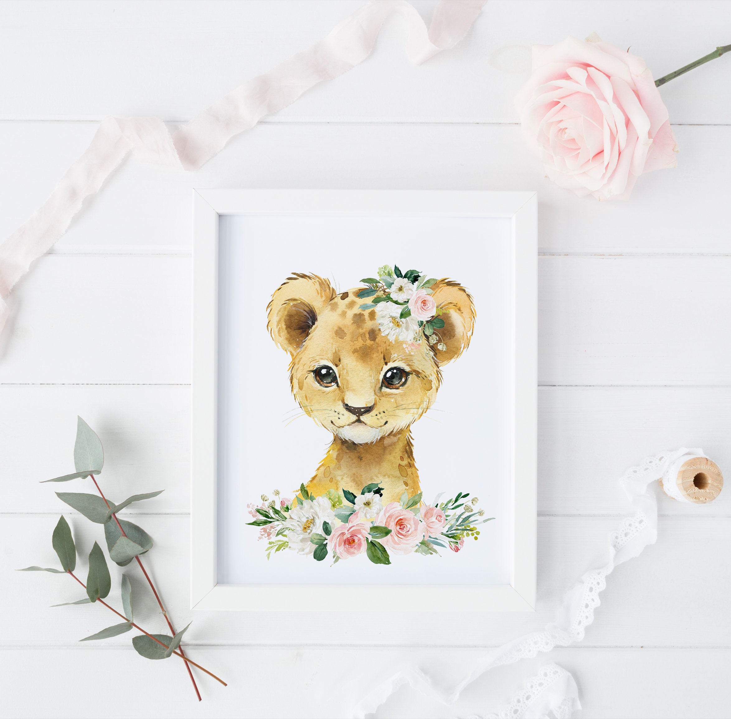 Watercolor Floral Safari Animal Baby Girl Nursery Wall Decor, Blush ...