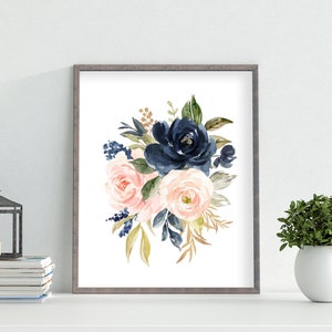 Set of 3 Pink Navy Floral Prints, Floral Nursery Wall Art, Girl Nursery ...
