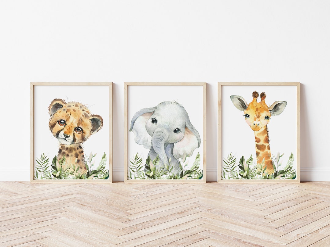 Set of 3 Safari Animal Prints, Tropical Nursery Wall Decor, Watercolor ...