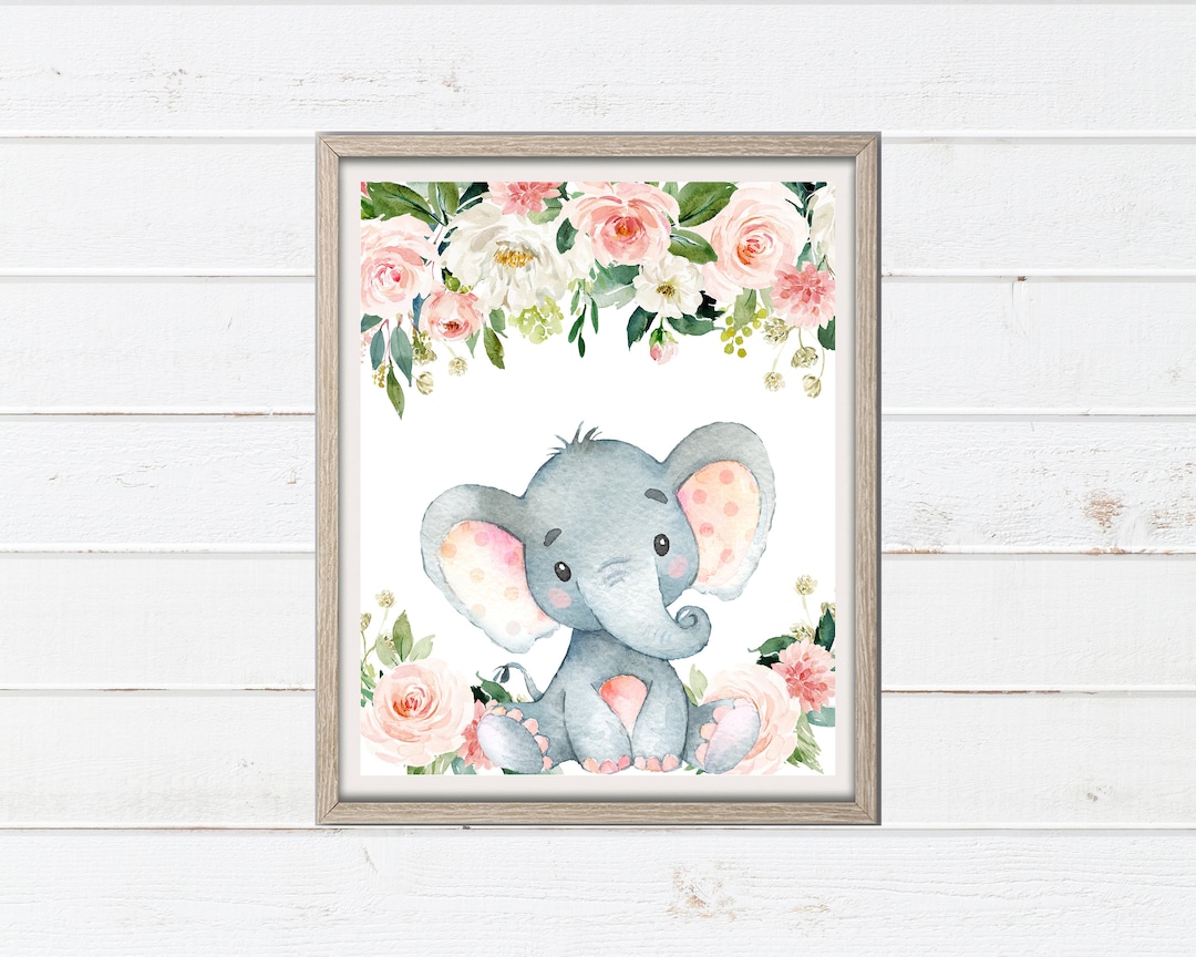 Blush Pink Watercolor Floral Baby Girl Elephant Nursery Print, Pink ...