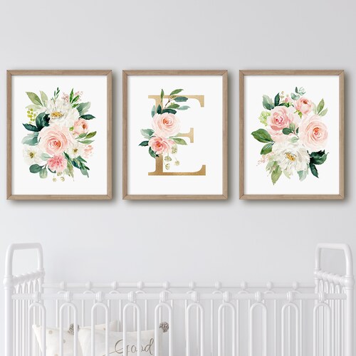 Monogram Letter Blush Pink Navy Floral Prints Girl Nursery - Etsy