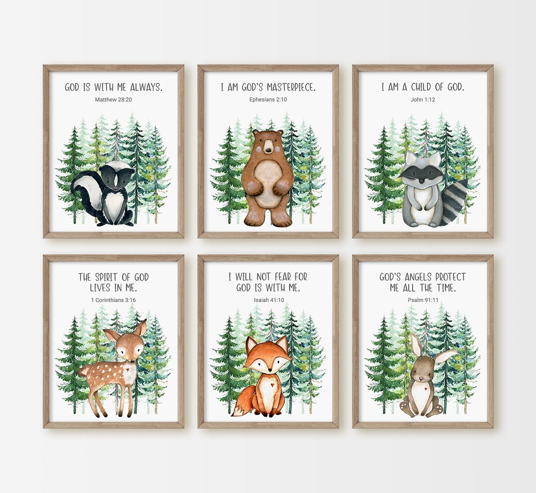 Kid's Bible Verses, Nursery Woodland Animal Prints, Nursery Wall Decor ...