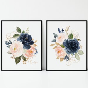 Set of 2 Pink Navy Floral Prints, Floral Nursery Wall Art, Girl Nursery ...