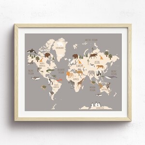 Animal World Map, Safari Map, Continents, Kids Wall Art, Nursery Decor ...