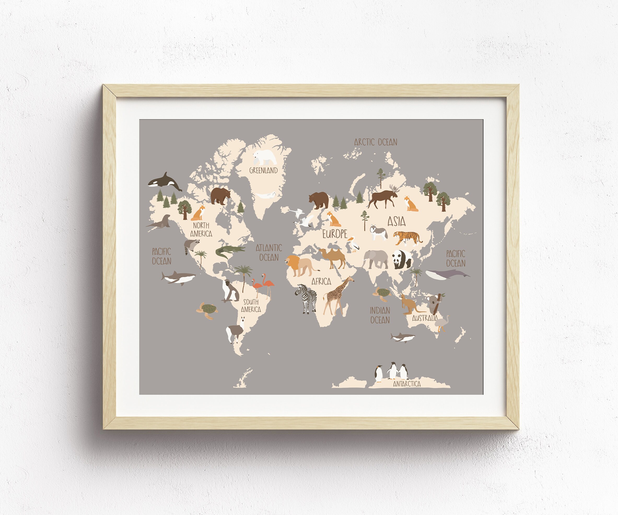 Animal World Map, Safari Map, Continents, Kids Wall Art, Nursery Decor ...