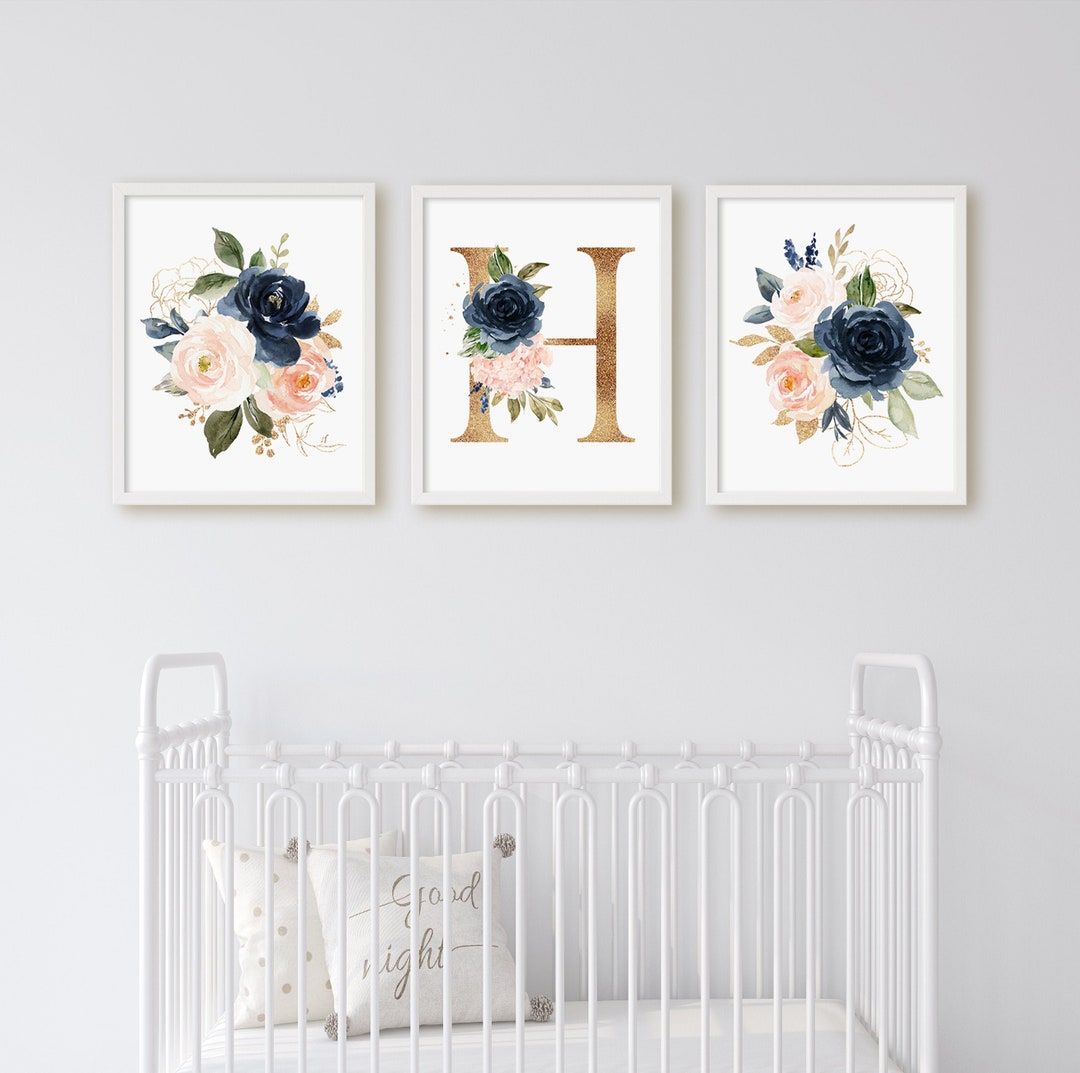 Monogram Letter, Blush Pink Navy Floral Prints, Girl Nursery Art Prints ...