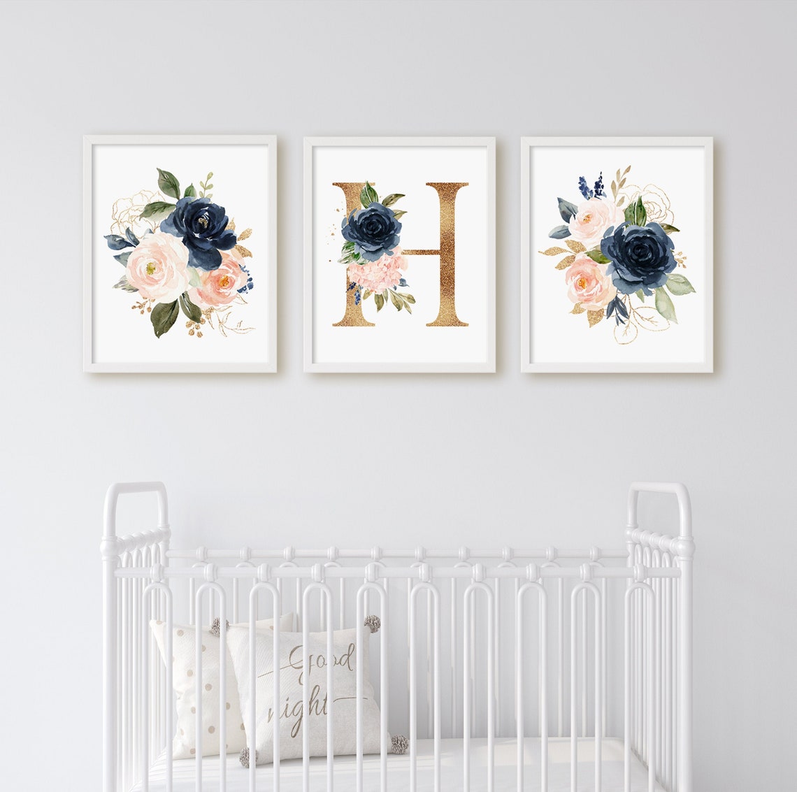 Monogram Letter, Blush Pink Navy Floral Prints, Girl Nursery Art Prints ...