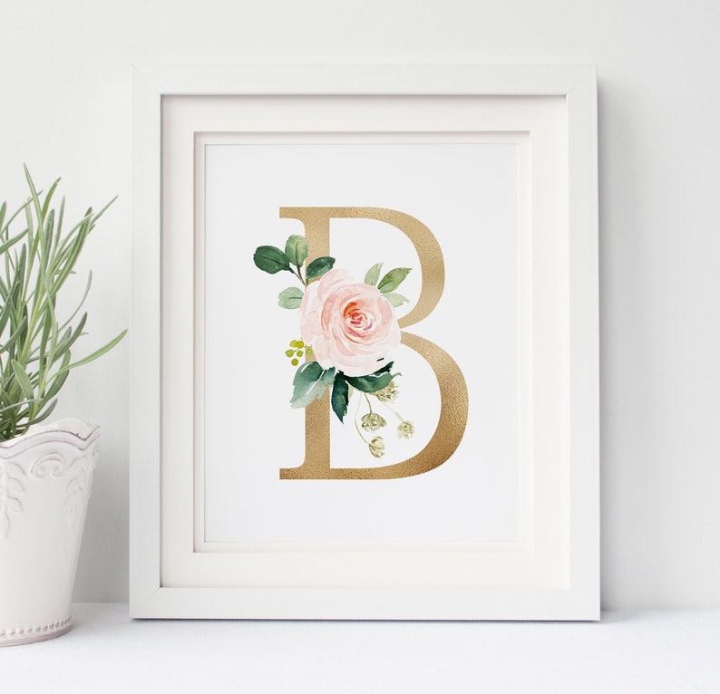 Floral Pink Gold Letter B Print First Initial Monogram - Etsy
