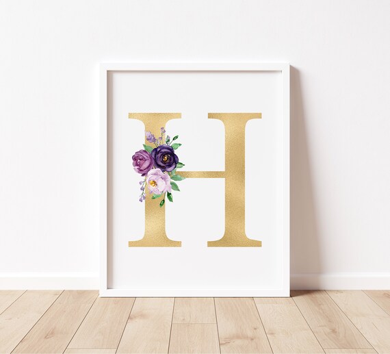 Gold Letter With Purple Floral Print First Initial Monogram | Etsy