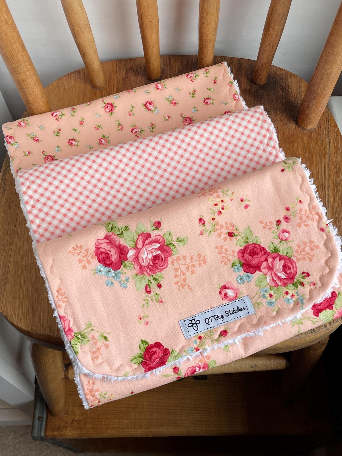 Shabby Chic Chenille Burp Cloth Set: Ellie Peach Floral, Handmade ...