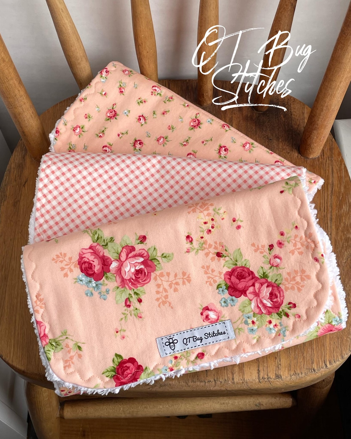 Shabby Chic Chenille Burp Cloth Set: Ellie Peach Floral, Handmade ...