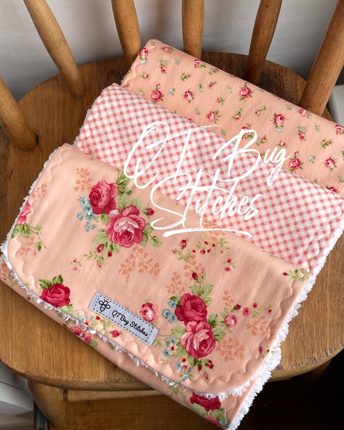 Shabby Chic Chenille Burp Cloth Set: Ellie Peach Floral, Handmade ...
