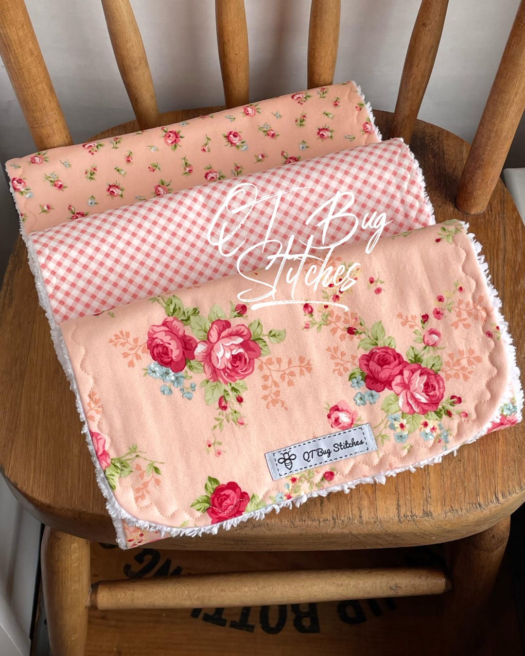 Shabby Chic Chenille Burp Cloth Set: Ellie Peach Floral, Handmade Cotton Triple Layer - Etsy