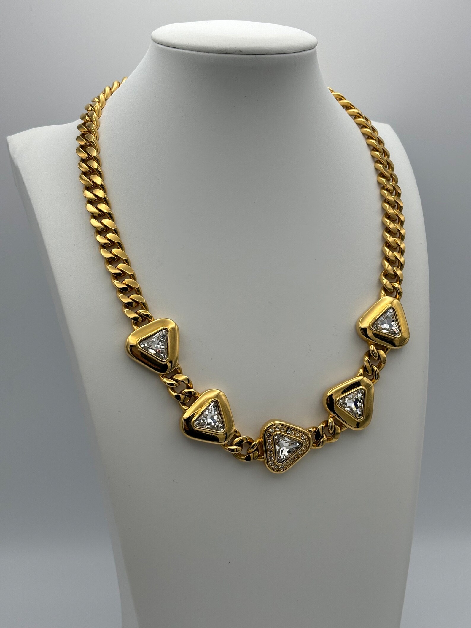 Swarovski, 80s Vintage Crystal & Gold Plated Triangle Chain Link ...
