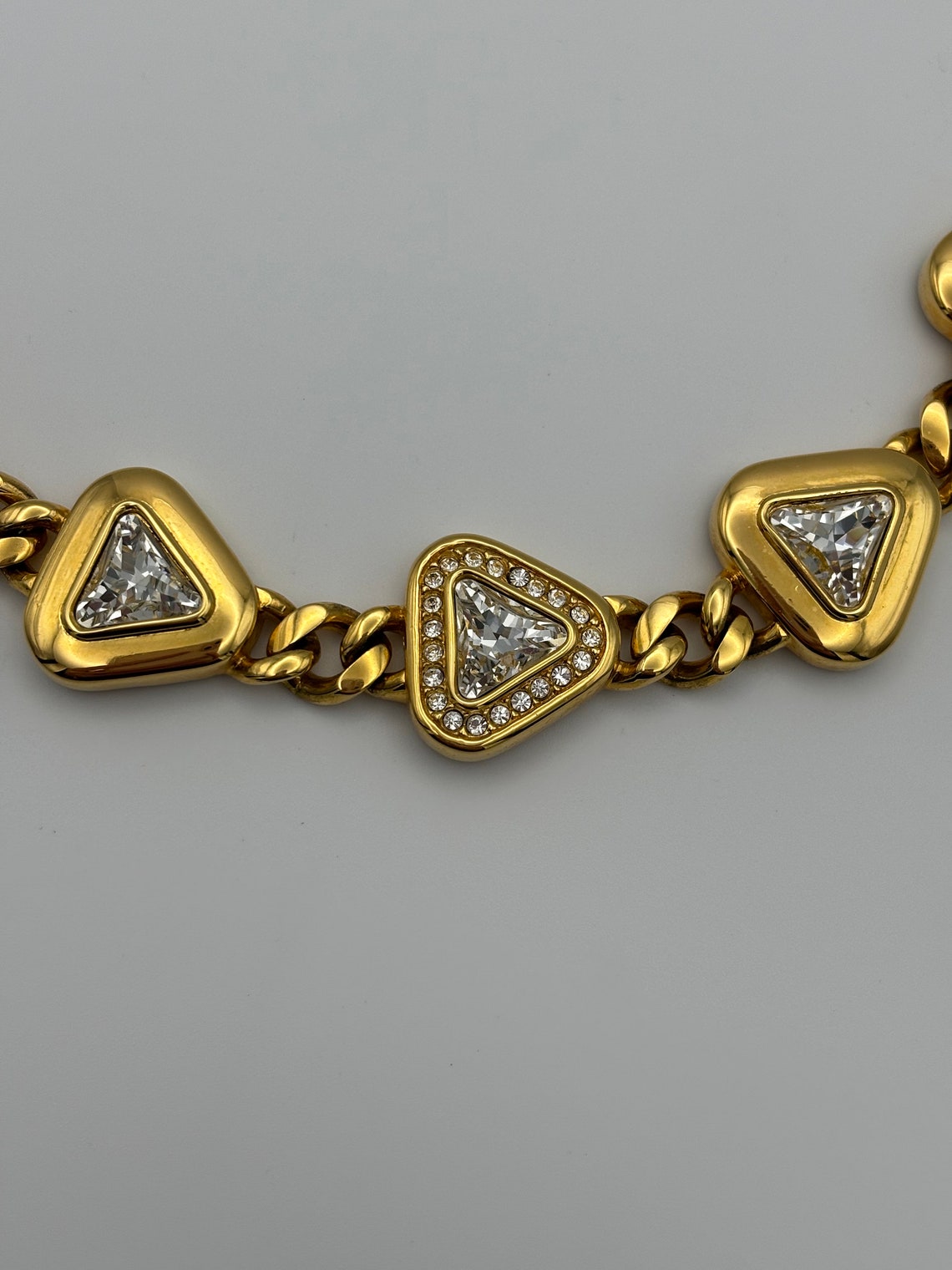 Swarovski, 80s Vintage Crystal & Gold Plated Triangle Chain Link ...