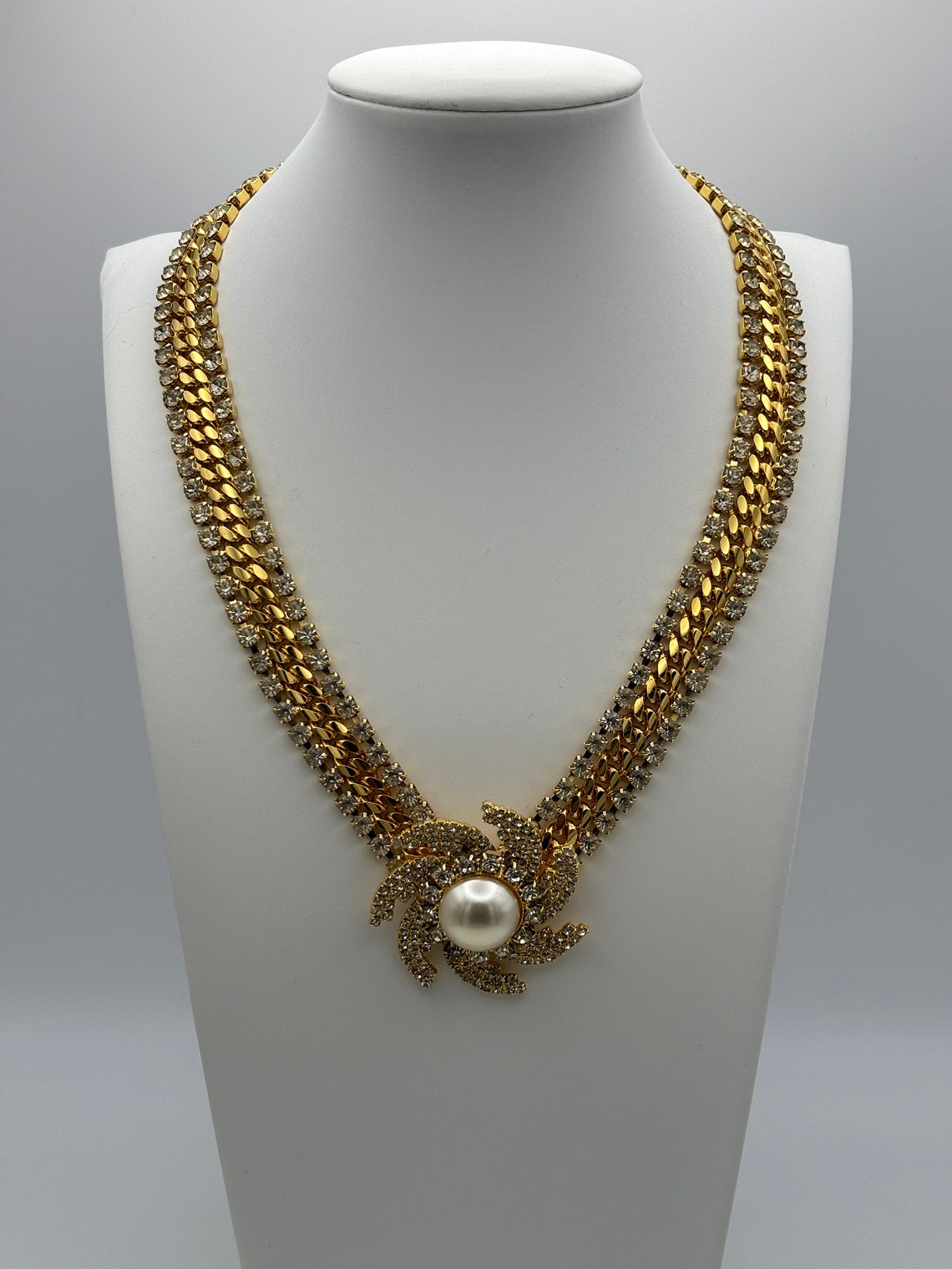 90s Vintage Crystal & Faux Pearl Flower Chain Link Necklace - Etsy