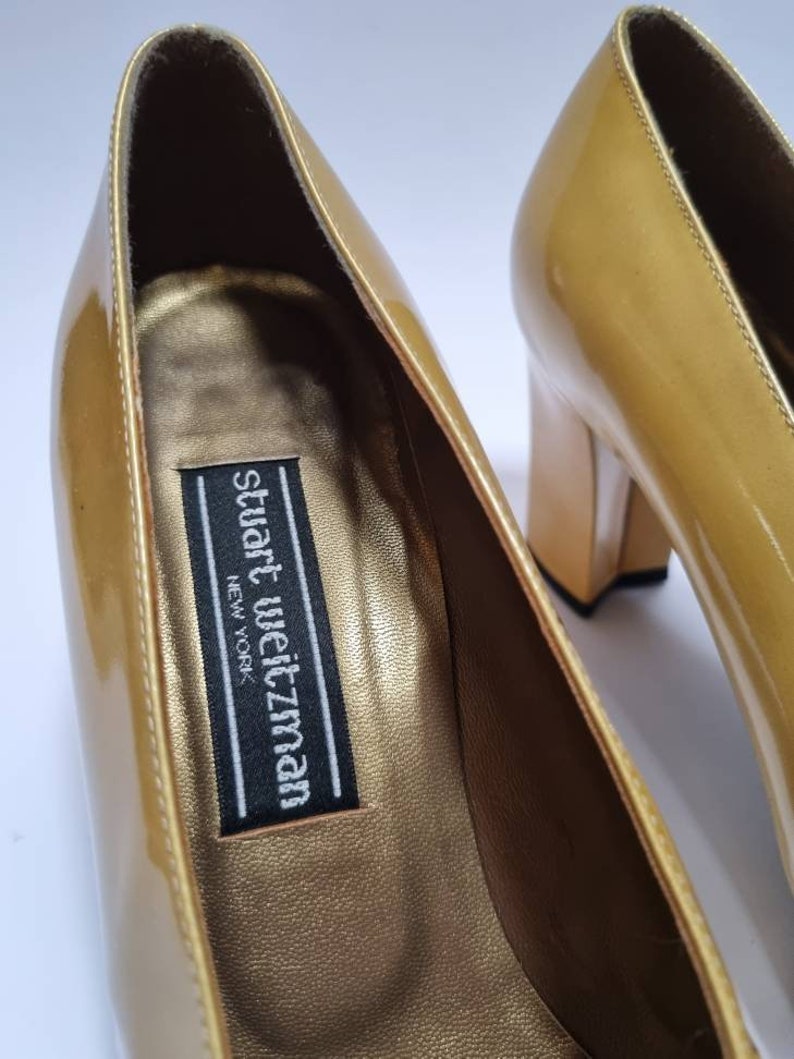 Stuart Weitzman, 80s Vintage Gold Patent Letter Heels - Etsy