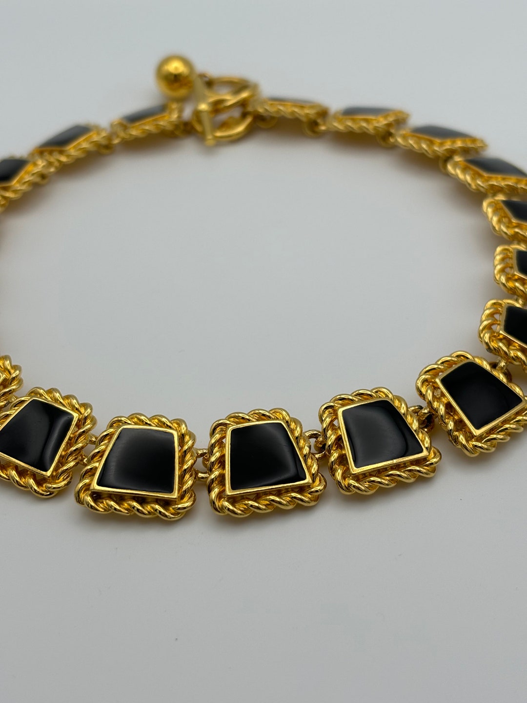 Anne Klein, 80s Vintage Black Enamel & Gold Plated Link Necklace - Etsy