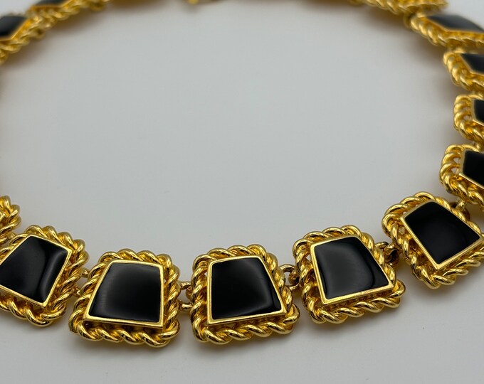 Anne Klein, 80s Vintage Black Enamel & Gold Plated Link Necklace - Etsy