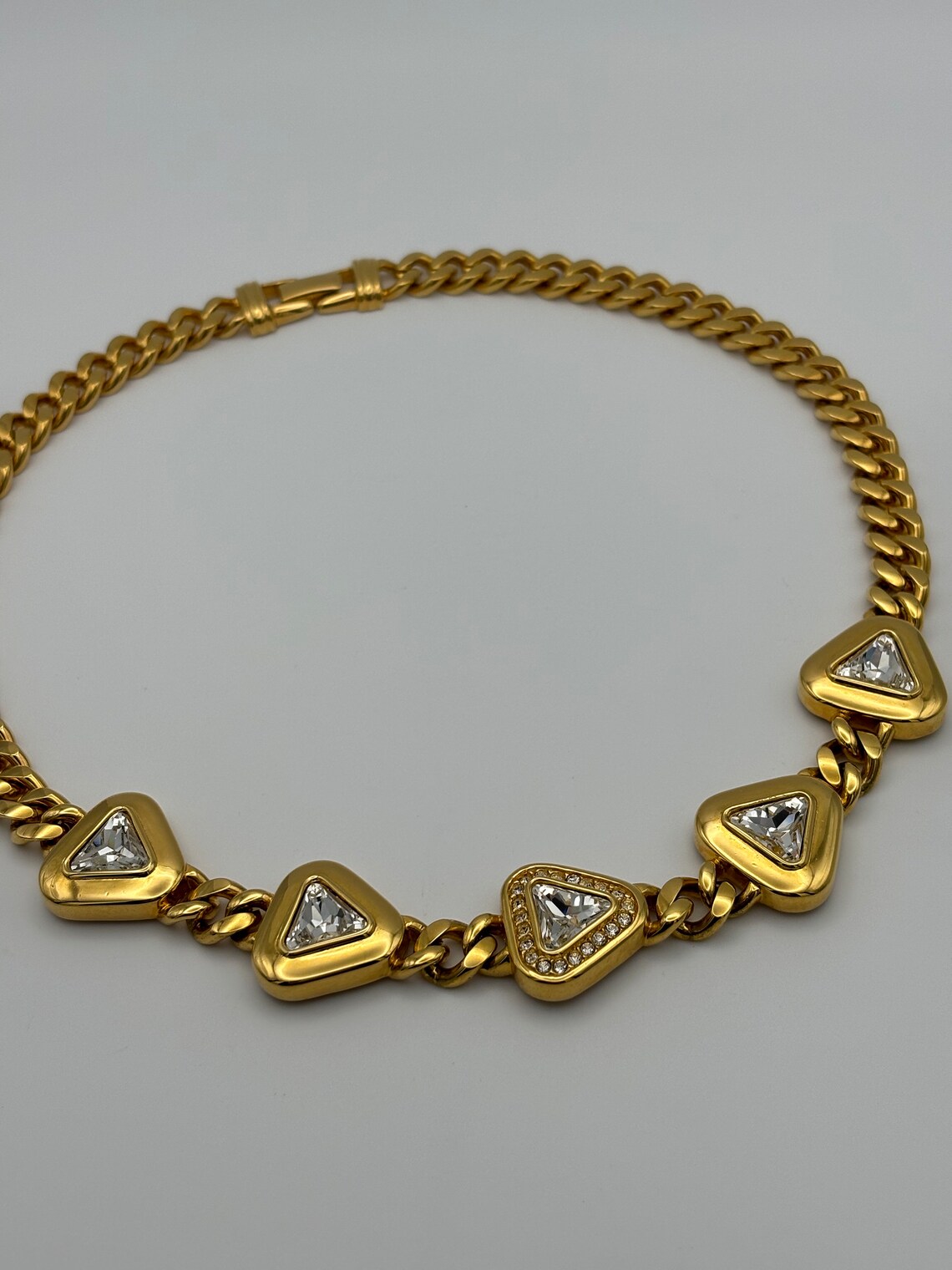 Swarovski, 80s Vintage Crystal & Gold Plated Triangle Chain Link ...