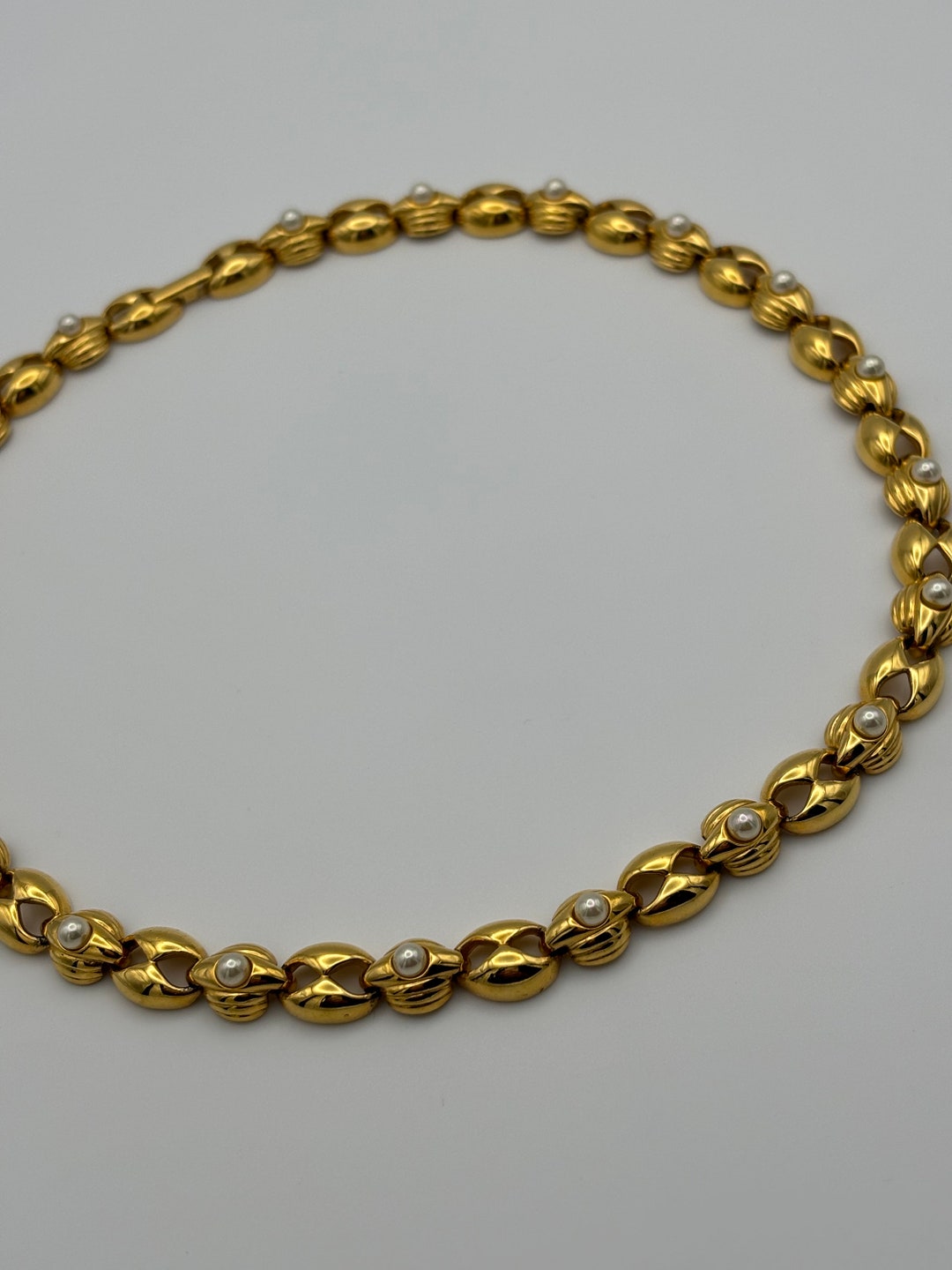 80s Vintage Faux Pearl & Gold Plated Link Necklace - Etsy