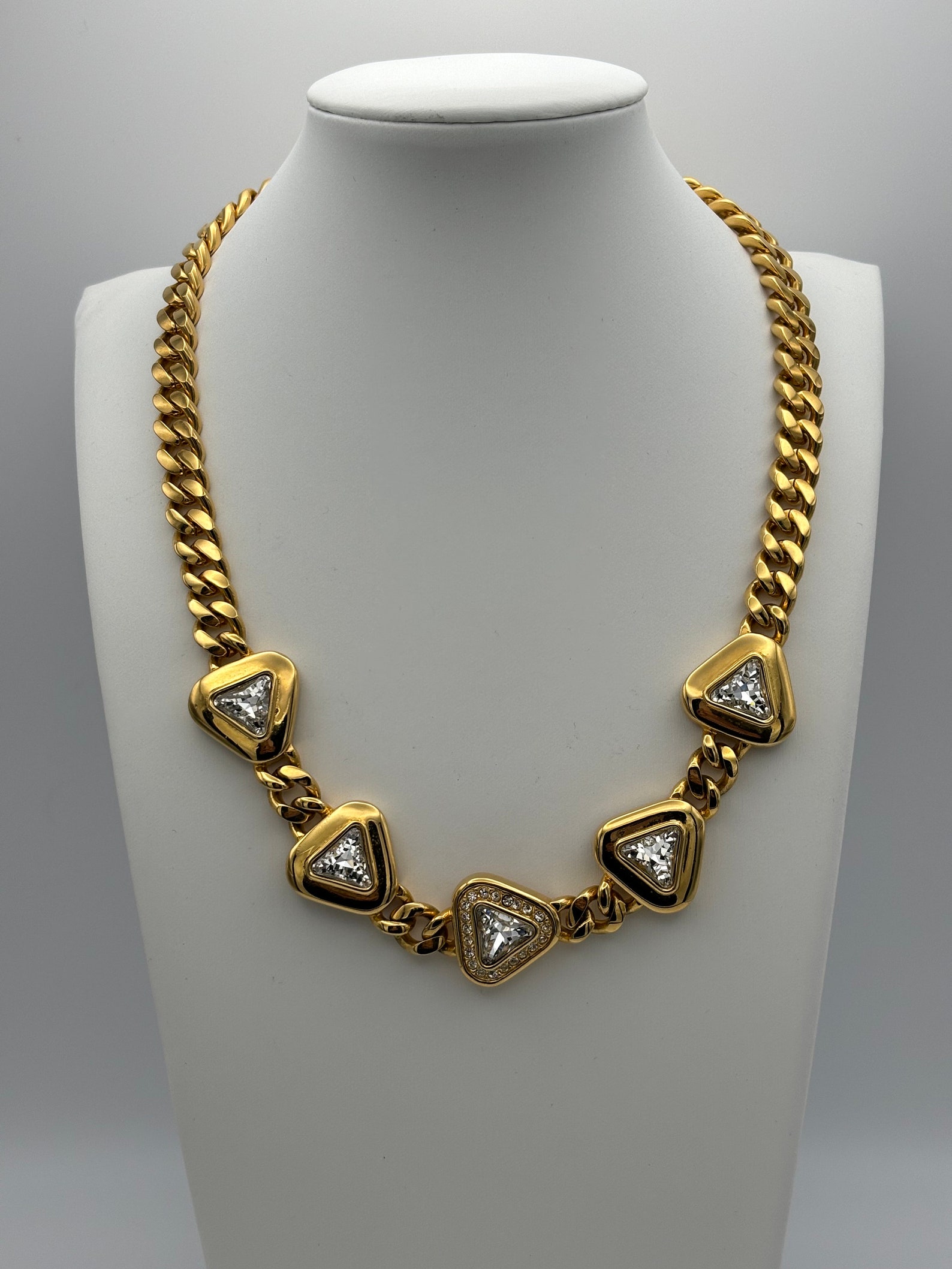 Swarovski, 80s Vintage Crystal & Gold Plated Triangle Chain Link ...
