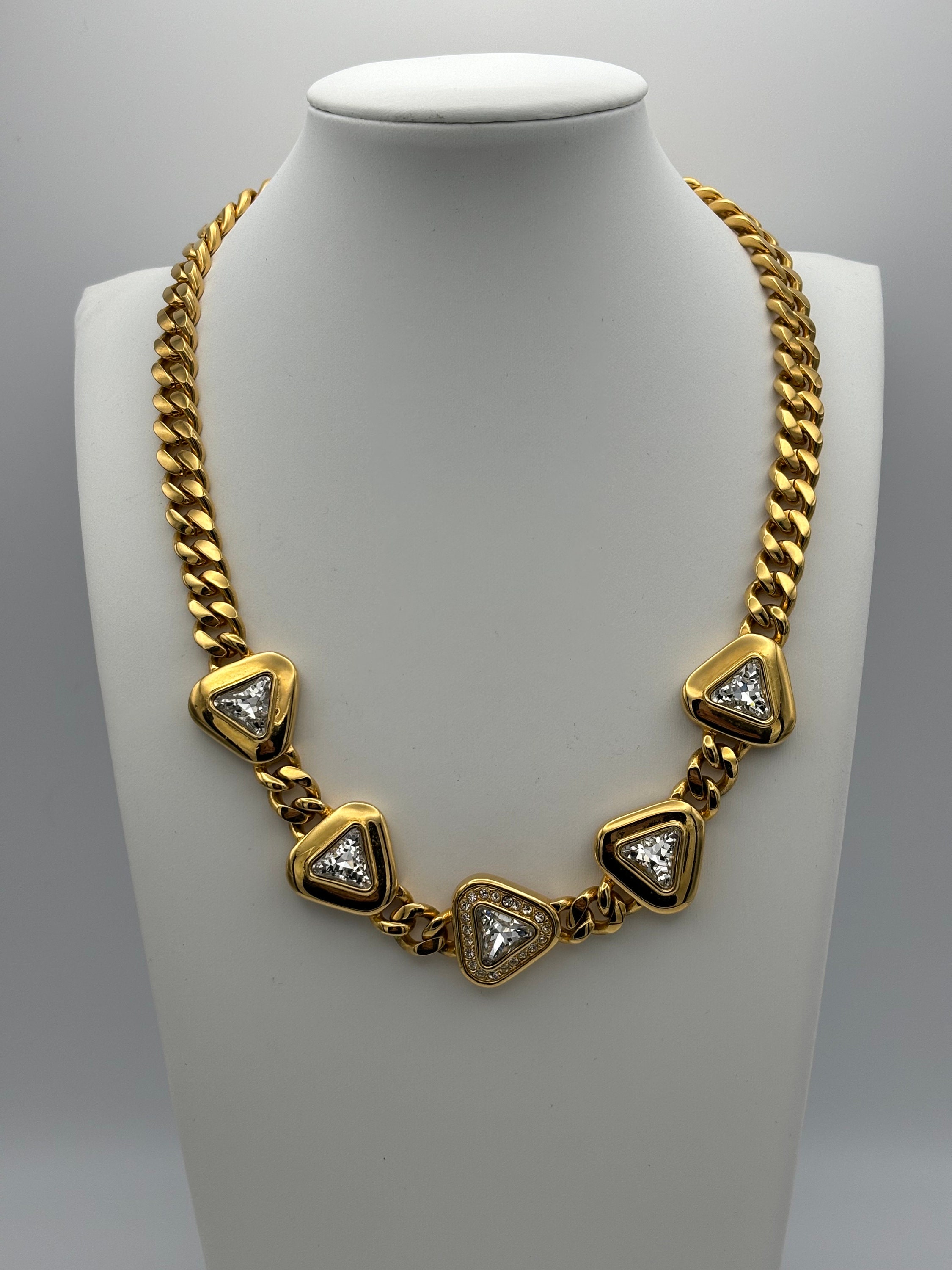 Swarovski, 80s Vintage Crystal & Gold Plated Triangle Chain Link ...
