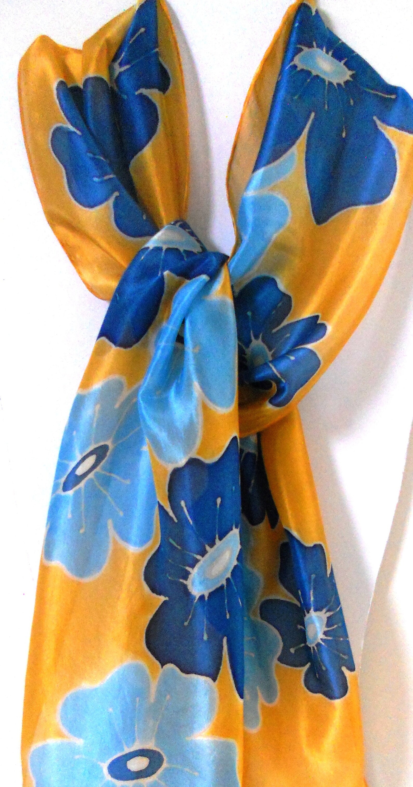 Handpainted Silk Scarf With Modern Graphic Design of Blue Flowers on a ...