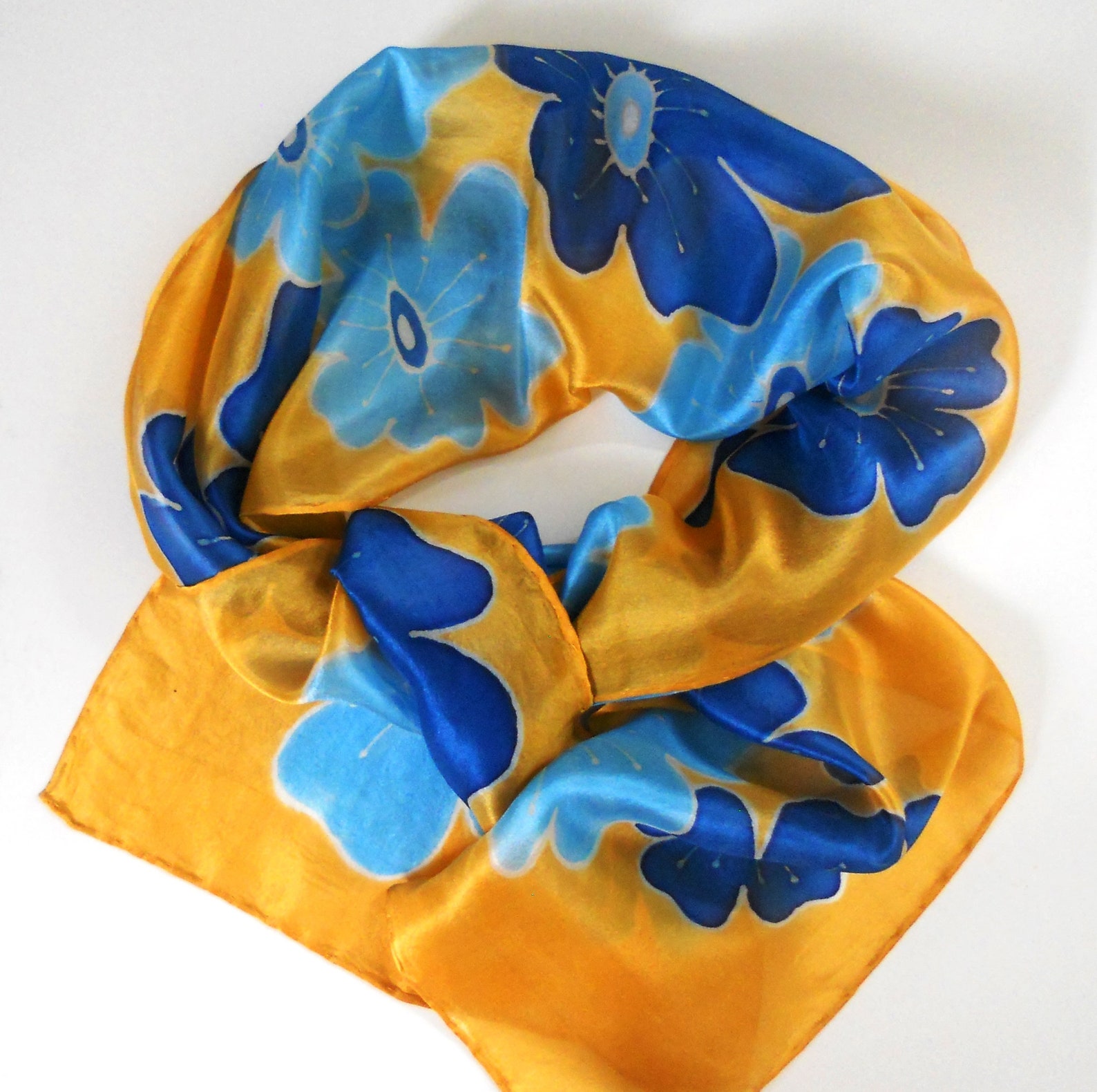 Handpainted Silk Scarf With Modern Graphic Design of Blue Flowers on a ...