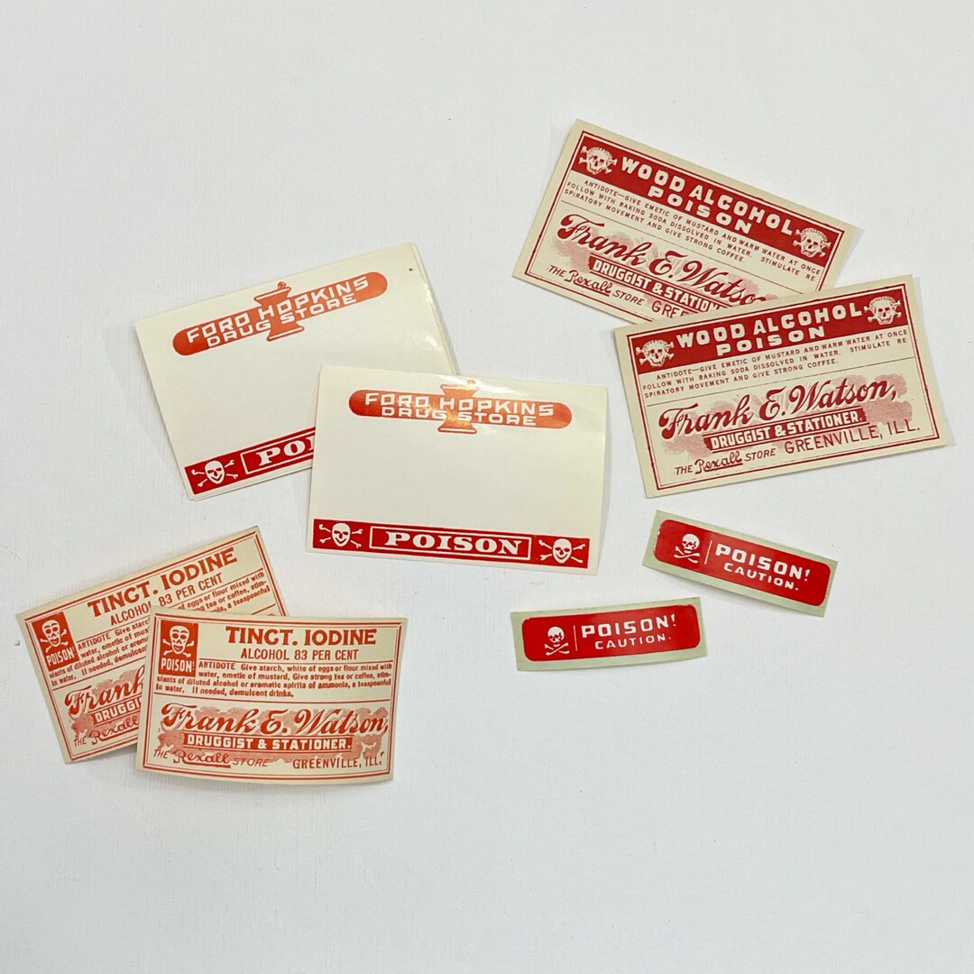 Set of 8 Vintage Poison Labels. Self Sticking. Gummed. Skull Crossbones ...