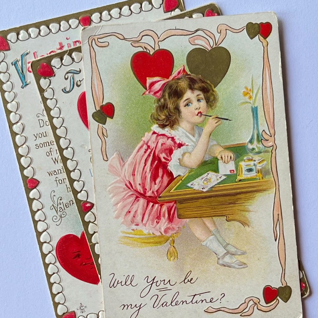4 Vintage Valentine Postcards With Children. Love Letter. Bouquet ...