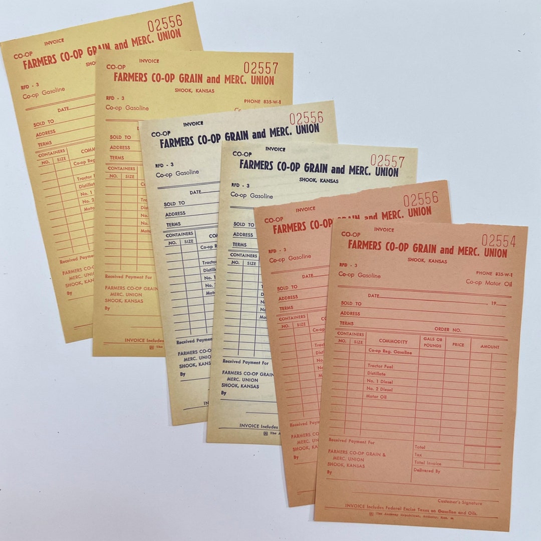 Set of 6. Vintage Farmers Co-op Grain & Merc. Union Receipts. Shook ...