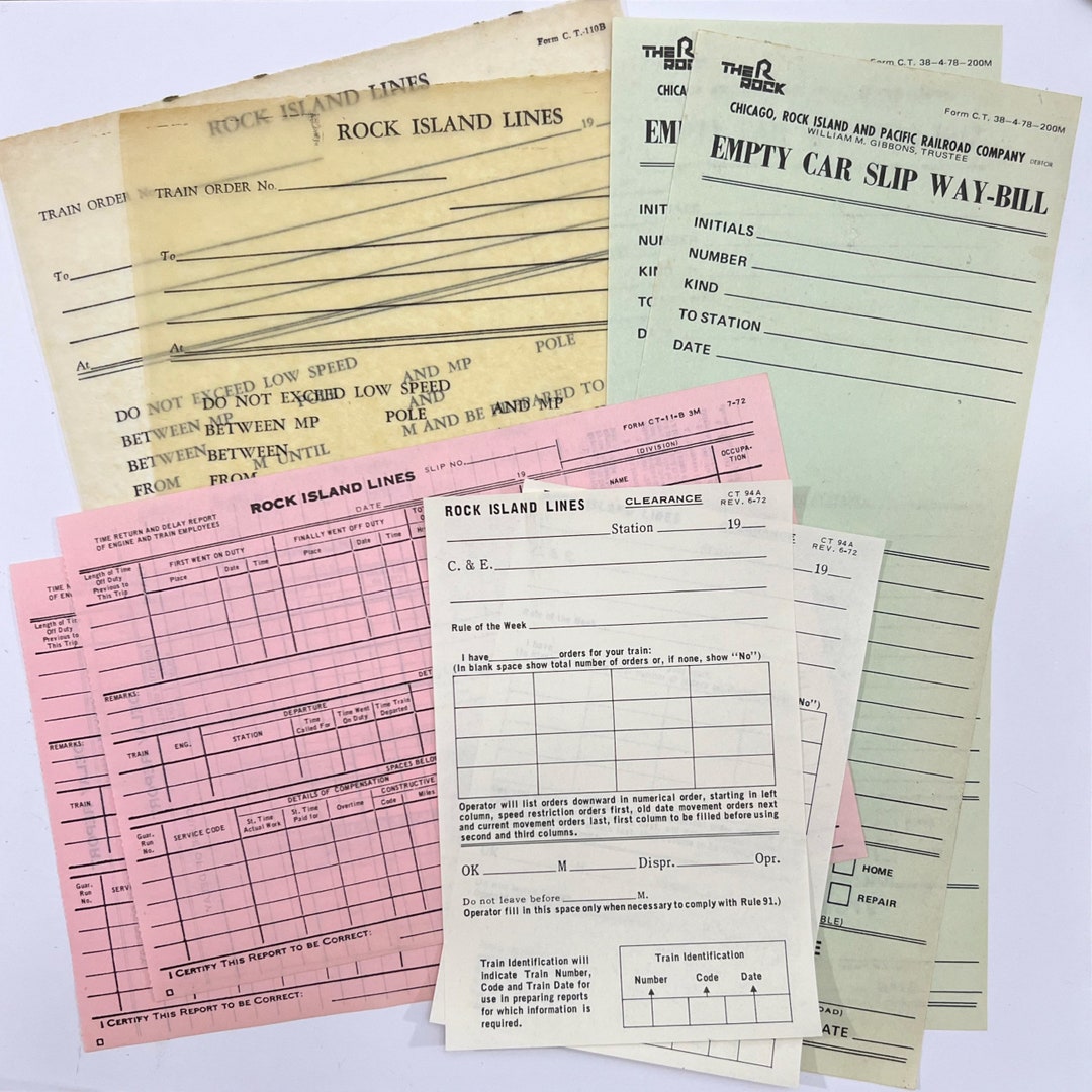 Set of 8 Vintage Rock Island Lines Train Forms. Pink. Green. Basic ...