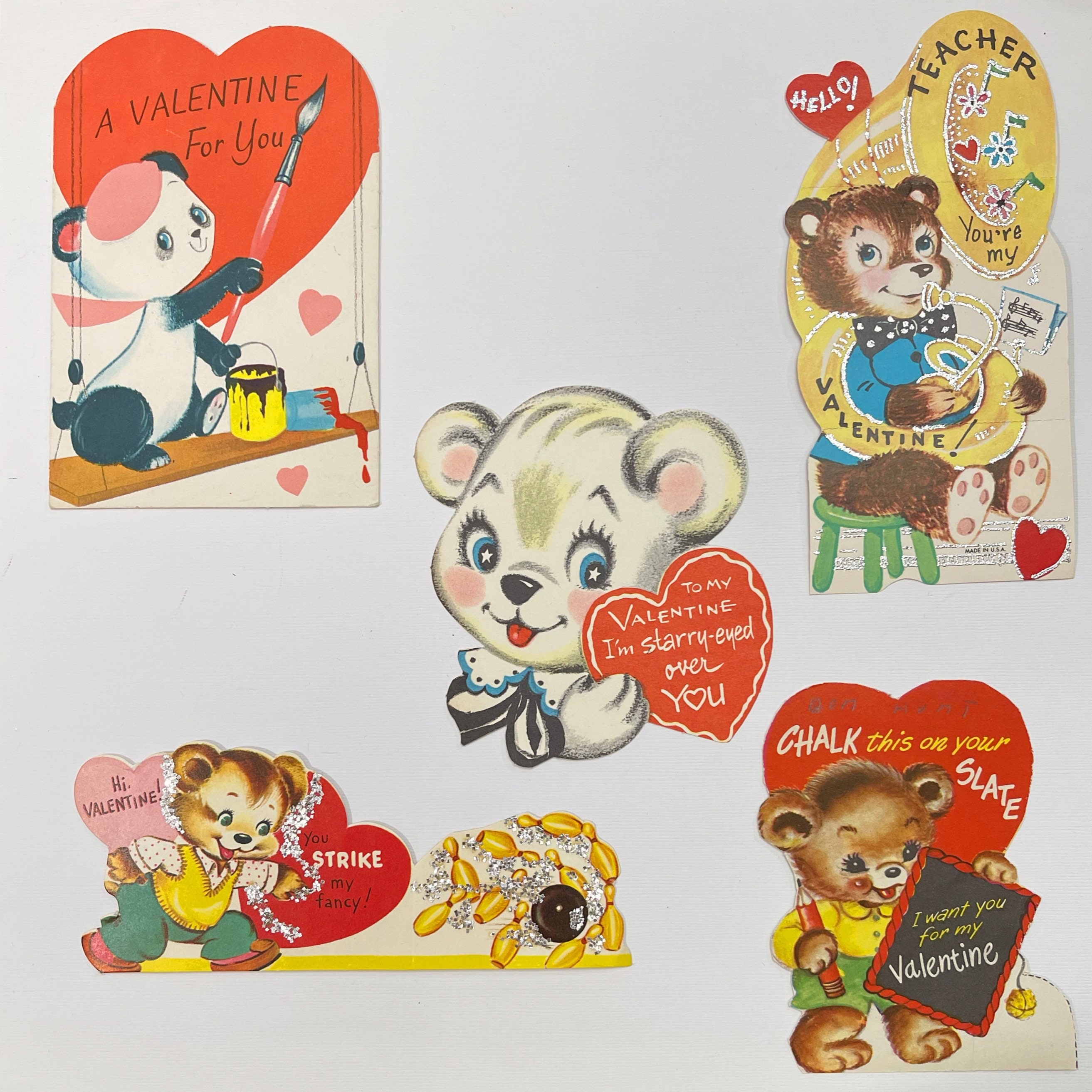 Set of 5 Vintage Valentines With Bears. Hallmark Valentine. Bowling ...