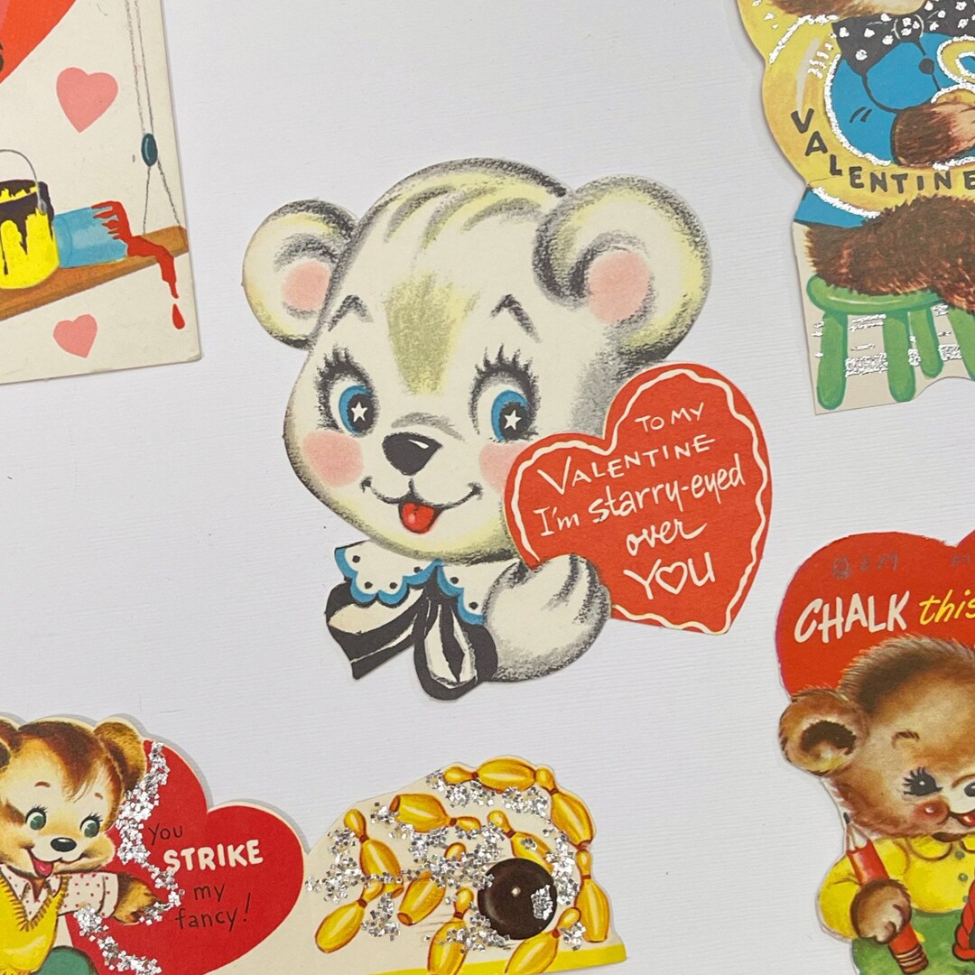 Set of 5 Vintage Valentines With Bears. Hallmark Valentine. Bowling ...